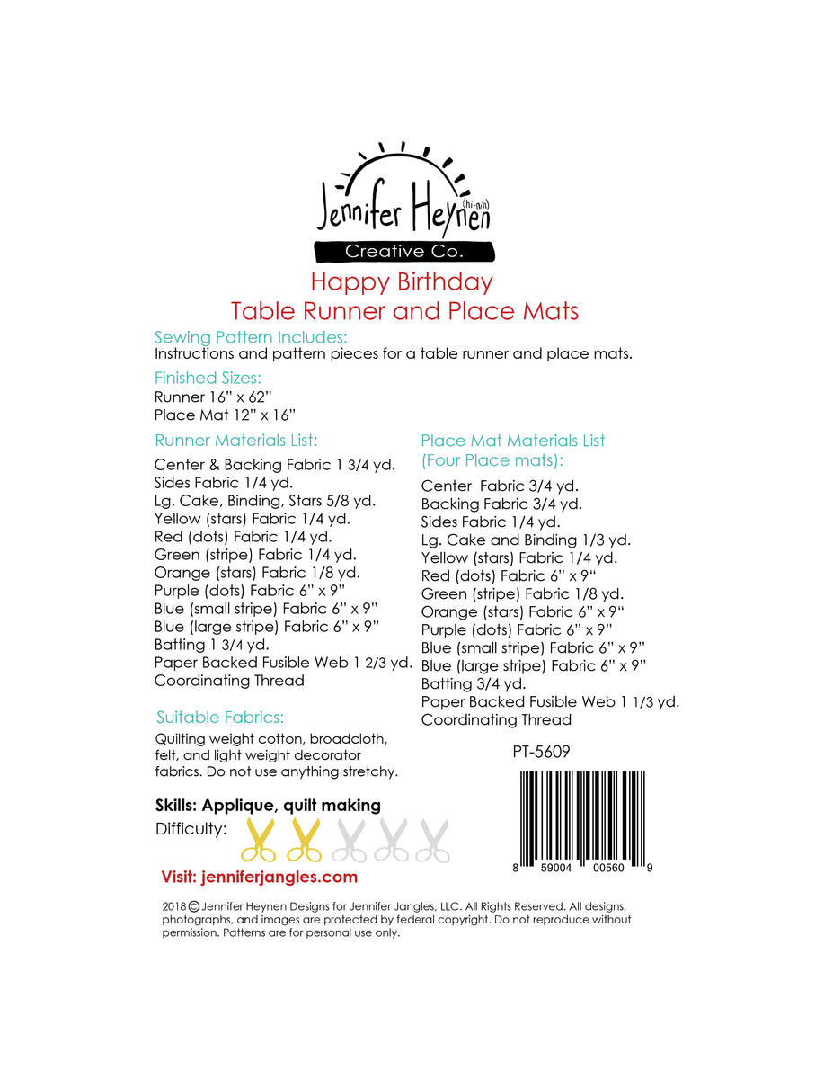 Happy Birthday Table Runner and Place Mat Sewing Pattern - Digital ...